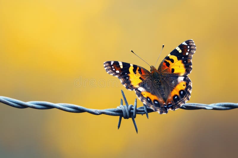 Butterfly Resting on Barbed Wire, Representing Concepts of Freedom ...
