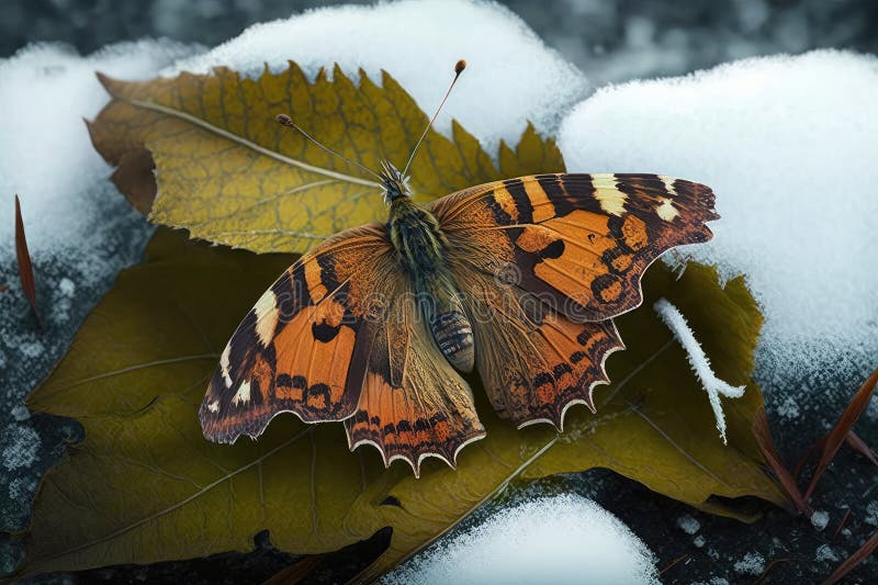 Butterfly Resting on Leaf, Surrounded by Snow Stock Image - Image of ...