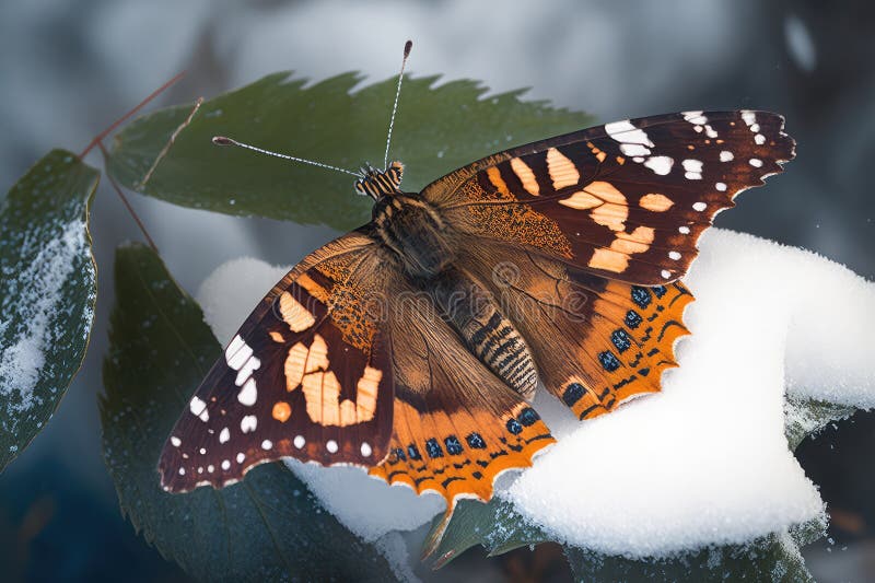 Butterfly Resting on Leaf, Surrounded by Snow Stock Image - Image of ...