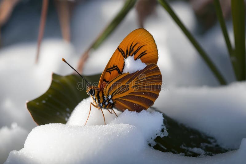 Butterfly Resting on Leaf, Surrounded by Snow Stock Illustration ...