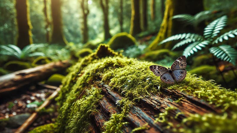 Butterfly Resting on a Moss-covered Log in a Dense Forest Stock ...