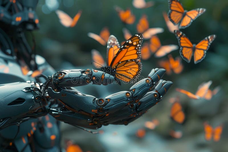 Butterfly on Robot Hand, Technology and Nature Stock Image - Image of ...