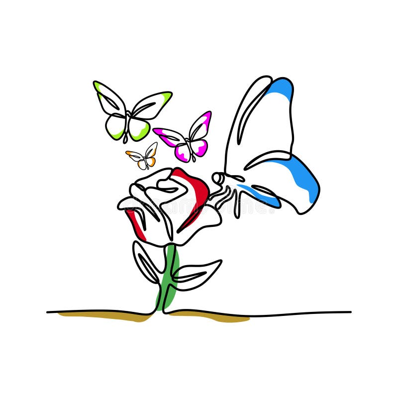 Butterfly and Roses Flower Continuous Line Art Stock Vector ...