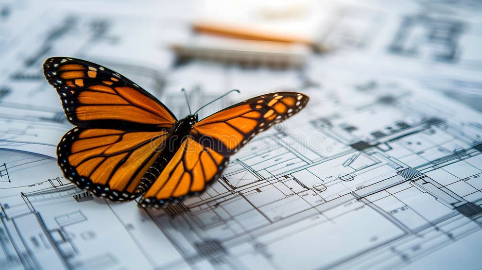 A Butterfly Sits on a Blueprint Stock Photo - Image of colorful ...