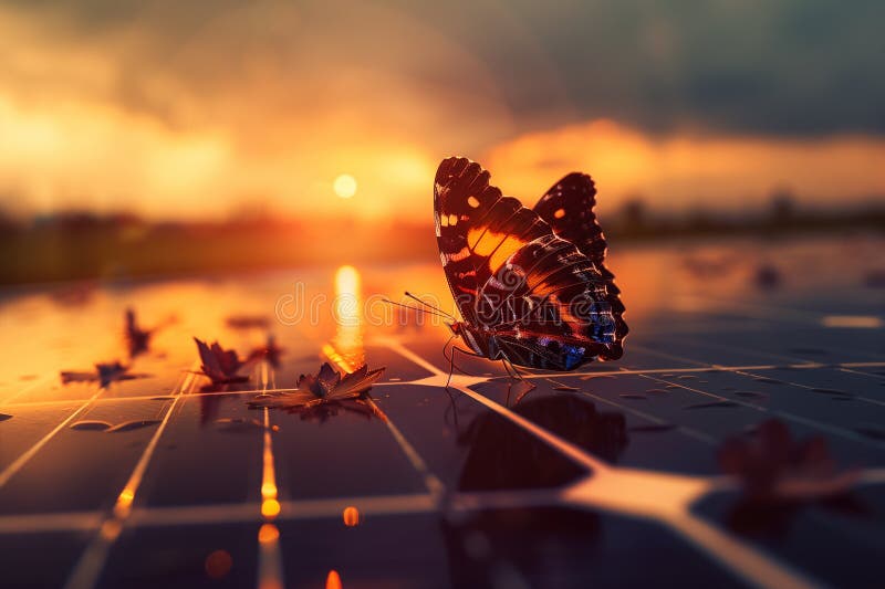 Butterfly Sits on a Solar Panel in the Evening in Backlight Stock Image ...
