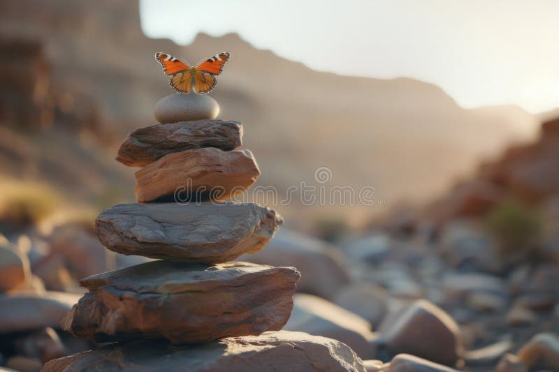 A Butterfly Sits on Top of a Stack of Rocks Stock Photo - Image of ...