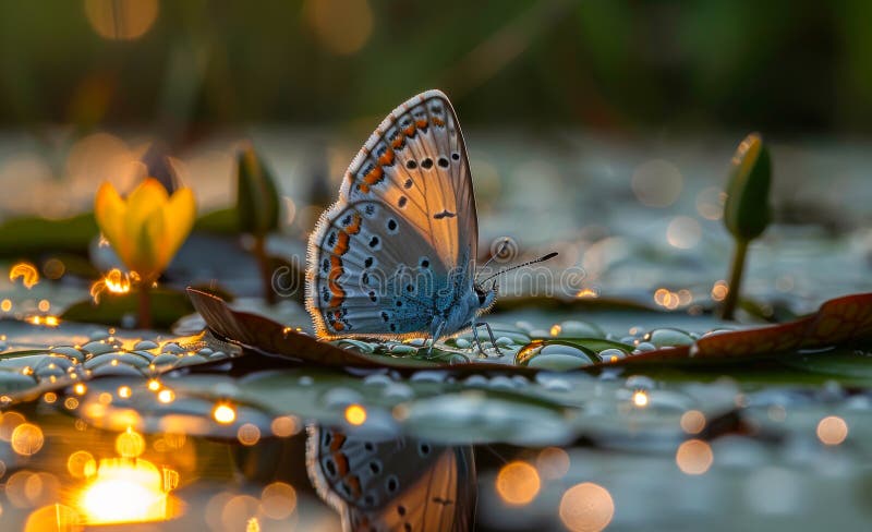 A Butterfly is Sitting on a Leaf in a Pond. the Pond is Surrounded by ...