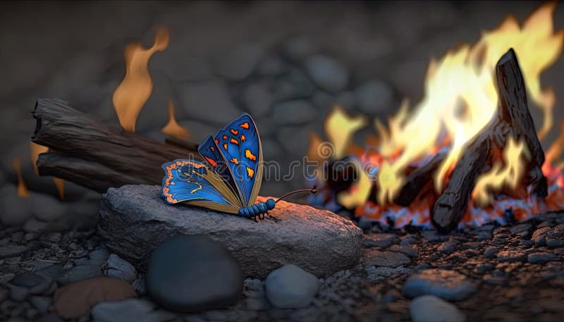 A Butterfly Sitting on a Rock in Front of a Fire Pit with Rocks and ...