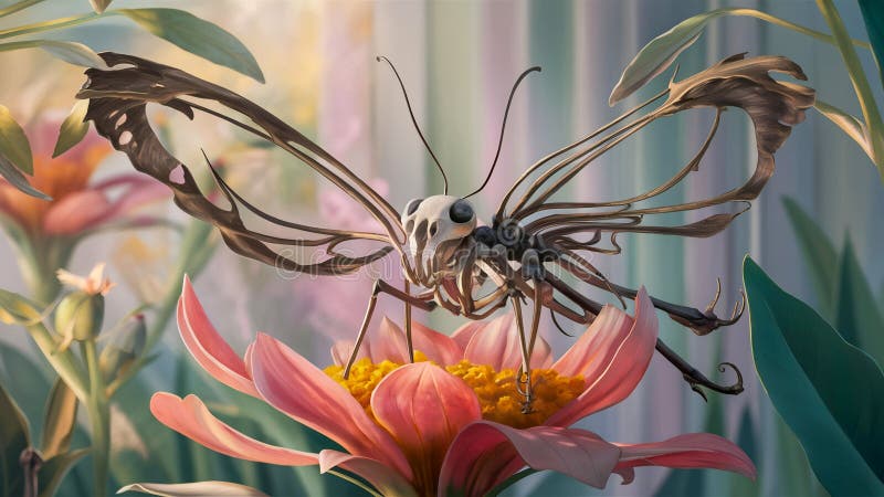 Butterfly Skeleton Flying Over Flowers Stock Illustration ...