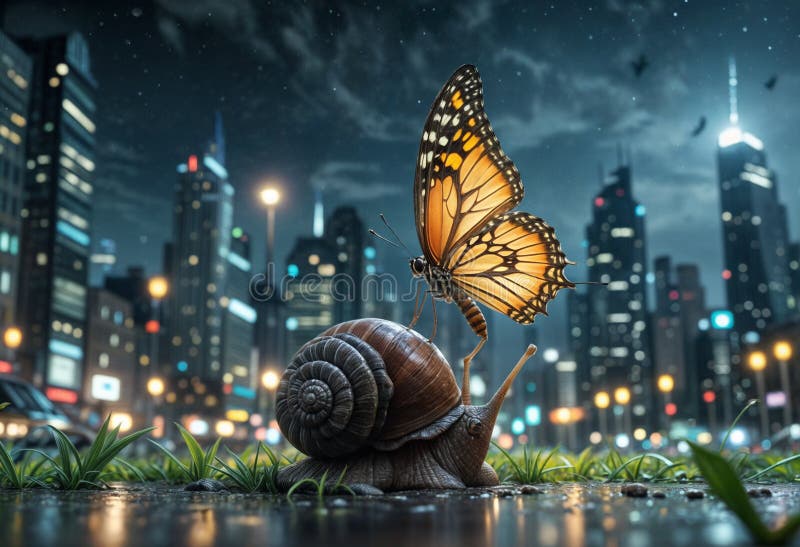Butterfly, Snail and the Lights of the Night in the Big City ...