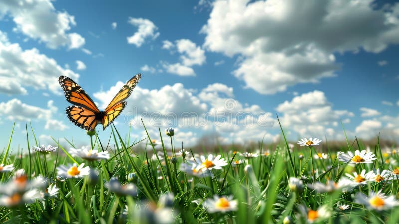 Butterfly Soaring Over Vibrant Daisy Field Under Clear Blue Sky Stock ...