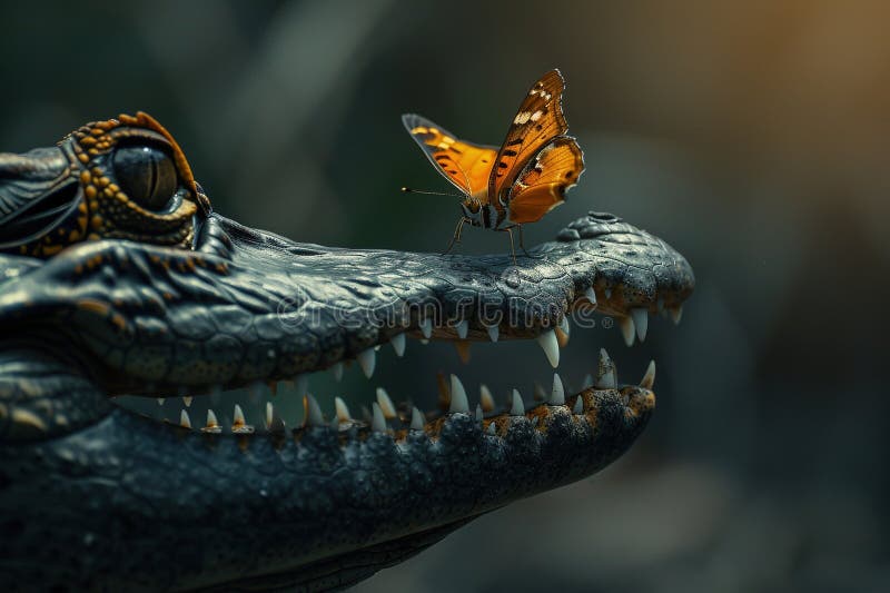 A Butterfly Stand on the Nose of a Crocodile. Generative AI Stock ...