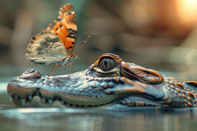 A Butterfly Stand on the Nose of a Crocodile. Generative AI Stock ...