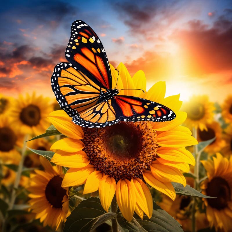 Butterfly on a Sunflower in the Field at Sunset Stock Illustration ...