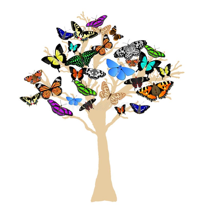 Silhouette Of Tree And Butterflies Stock Vector - Illustration of icon ...