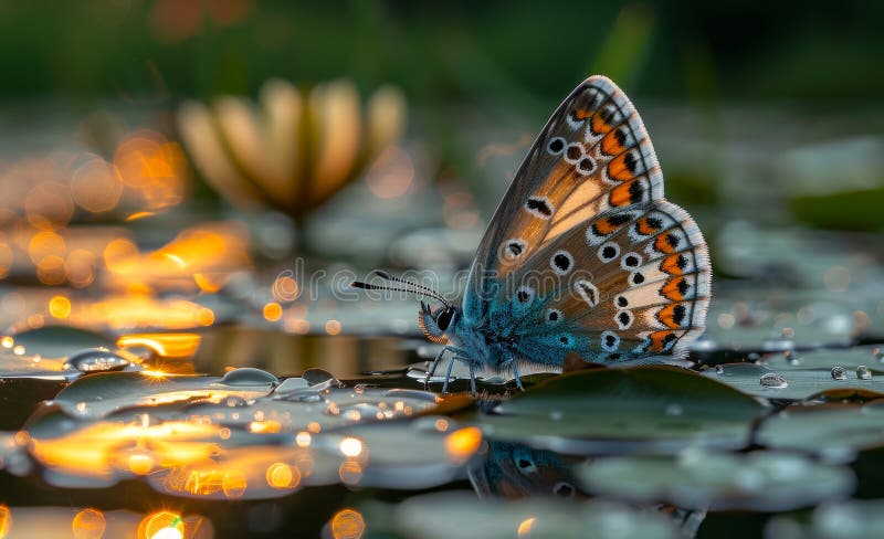 Butterfly on Water Lily. Water Lilies in the Pond and the Sun at Sunset ...