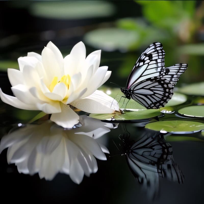 Butterfly on a White Lotus Flower with Reflection on Water Stock ...