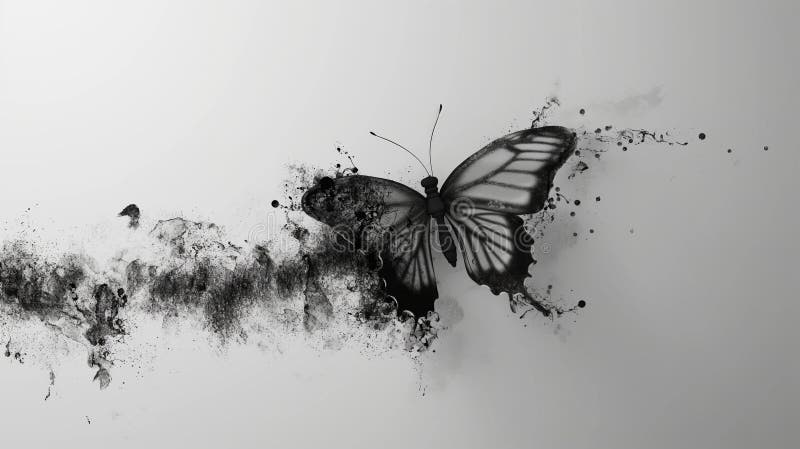 Butterfly, Wings Changing into Ink Splash. Black and White. Monochrome ...