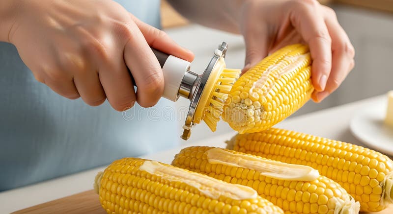 Buttering Corn on the Cob with a Brush Tool Stock Photo - Image of meal ...