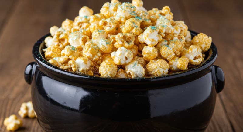 Buttery Caramel Popcorn with Teal Sprinkles in Black Bowl Stock ...