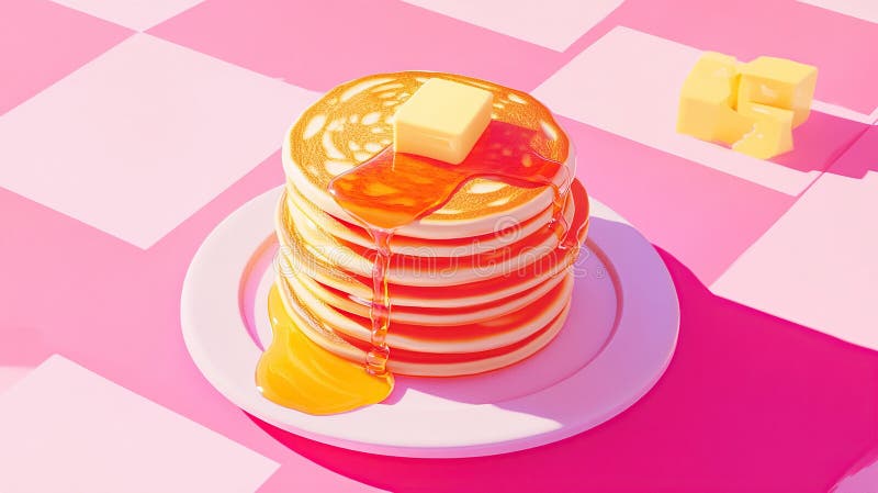 Buttery Pancakes, Syrup Drizzle, Pink Table, Breakfast Stock Photo ...