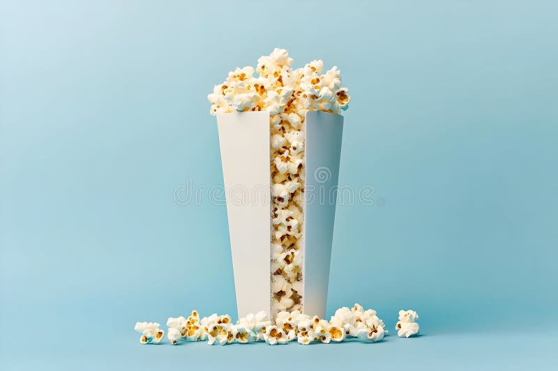 Buttery Popcorn in a Split Container on Blue Background Stock ...