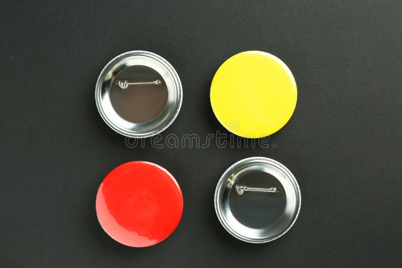 Button Badges on Black Background, Flat Lay. Mockup for Design Stock ...