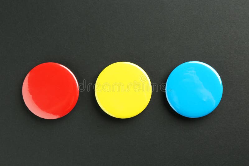 Button Badges on Black Background, Flat Lay. Mockup for Design Stock ...