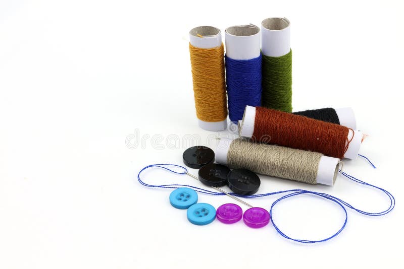Button and Color Cotton Roll Stock Photo - Image of sewing, space ...