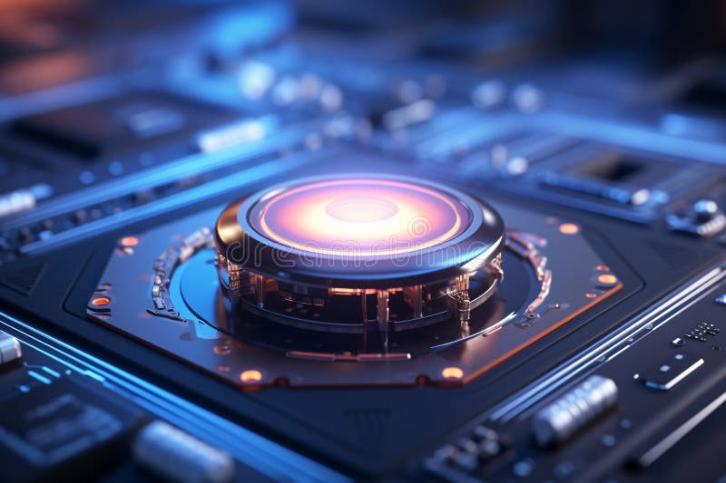 A Button on a Motherboard. it is a Glowing Circle on a Circuit Board ...