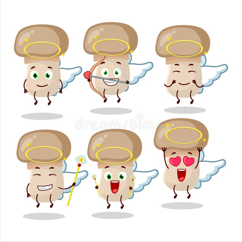Button Mushroom Cartoon Designs As A Cute Angel Character Stock Vector