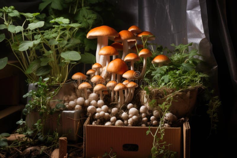 Button Mushrooms Thriving in a Diy Cardboard Box Setup Stock ...