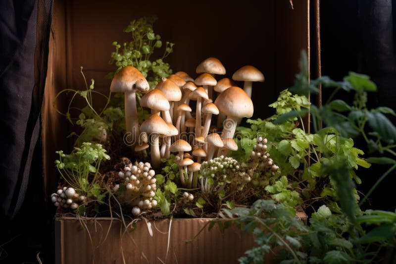 Button Mushrooms Thriving in a Diy Cardboard Box Setup Stock Photo ...