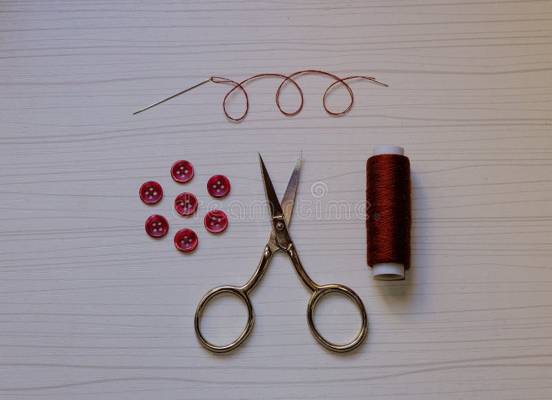 Button Sewing Kit: Buttons, Threads, Needle, Scissors Stock Image ...