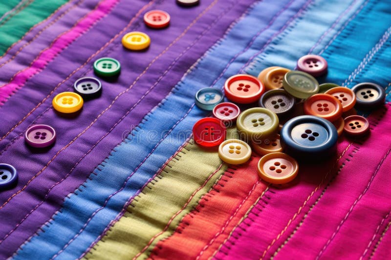 Button Sewn Onto a Colorful Fabric with Contrasting Thread Stock ...