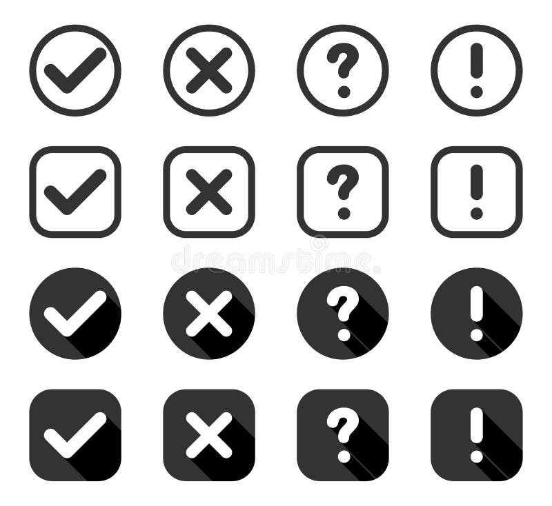 Buttons. Check Mark and Cross with Question and Exclamation Signs ...