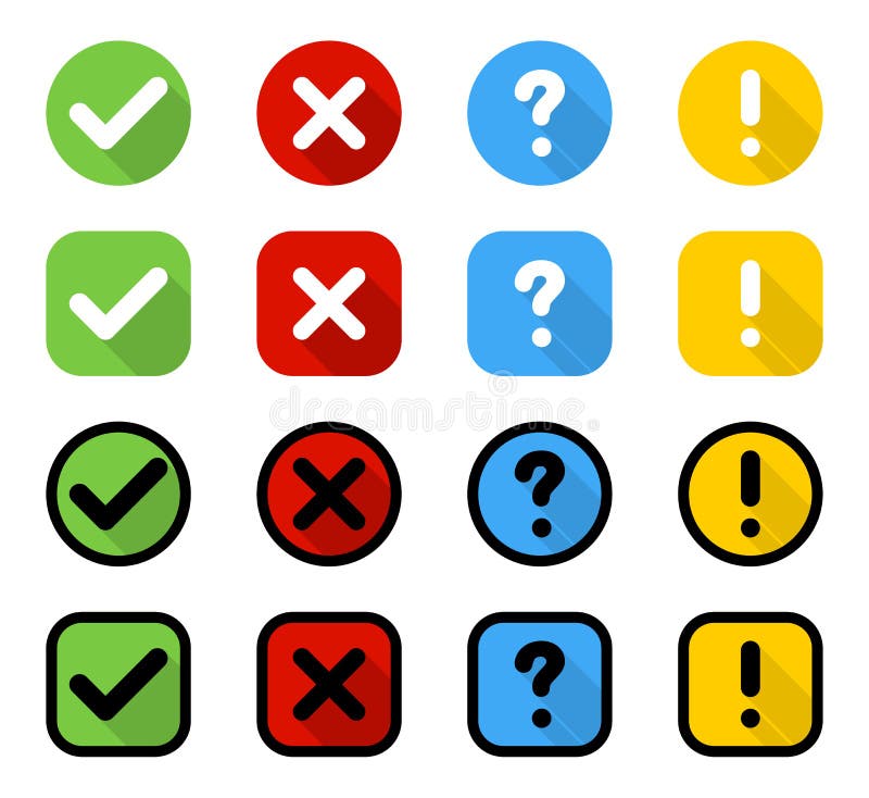 Buttons. Check Mark and Cross with Question and Exclamation Signs ...
