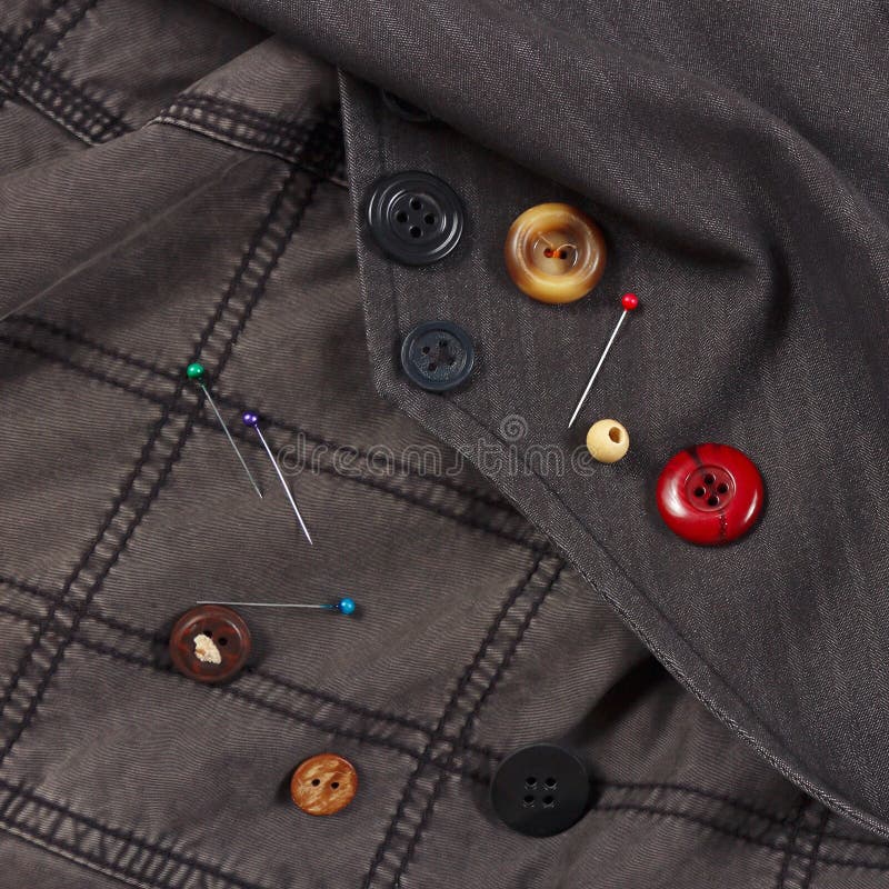 Buttons and Pins on Black Cotton Clothes Closeup Stock Image - Image of ...