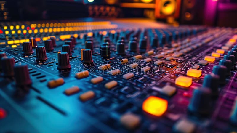 Buttons and Sliders Equipment in Audio Recording Studio of the Neon ...