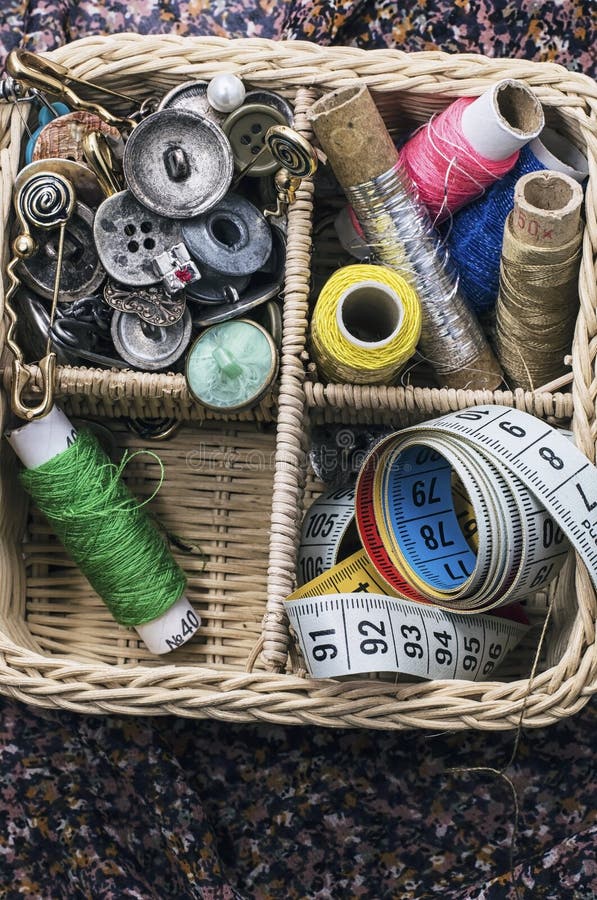 Wicker Basket with Sewing Tools Stock Photo - Image of buds, embroider ...