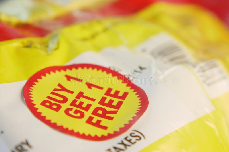 Buy 1 Get 1 Free Offer Sticker and Prodcuts on Table Stock Photo ...