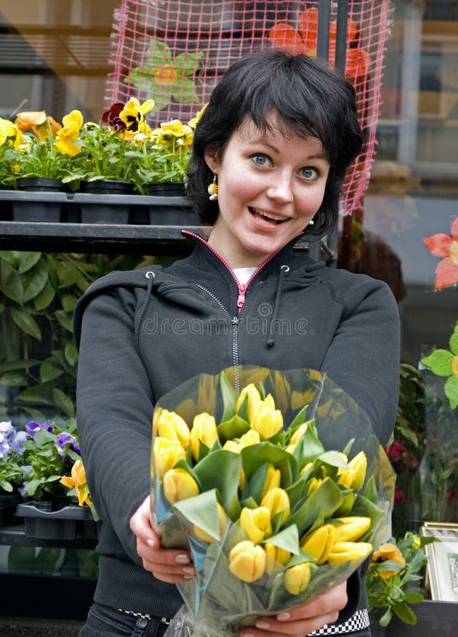 Buy my flowers stock image. Image of young, woman, flower - 4986017