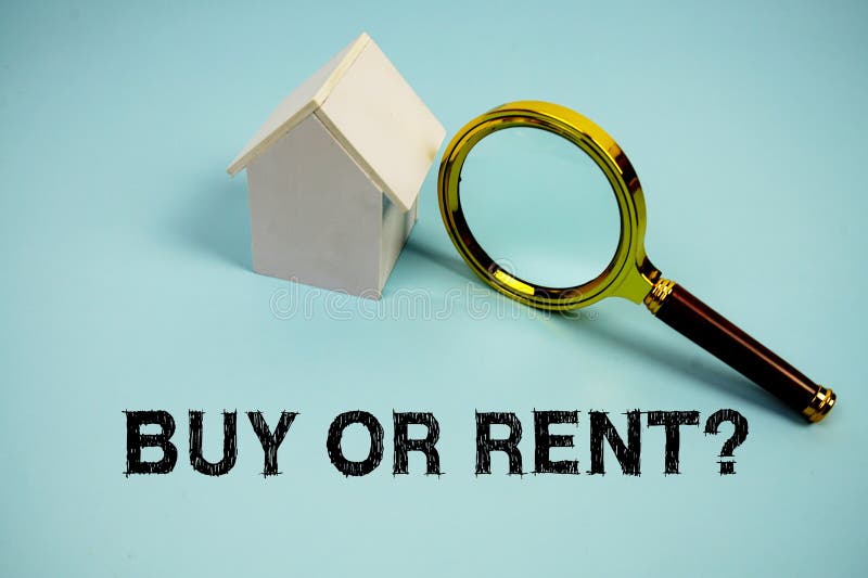 Buy or Rent? Text with White Model House and Magnifying Glass on Blue ...