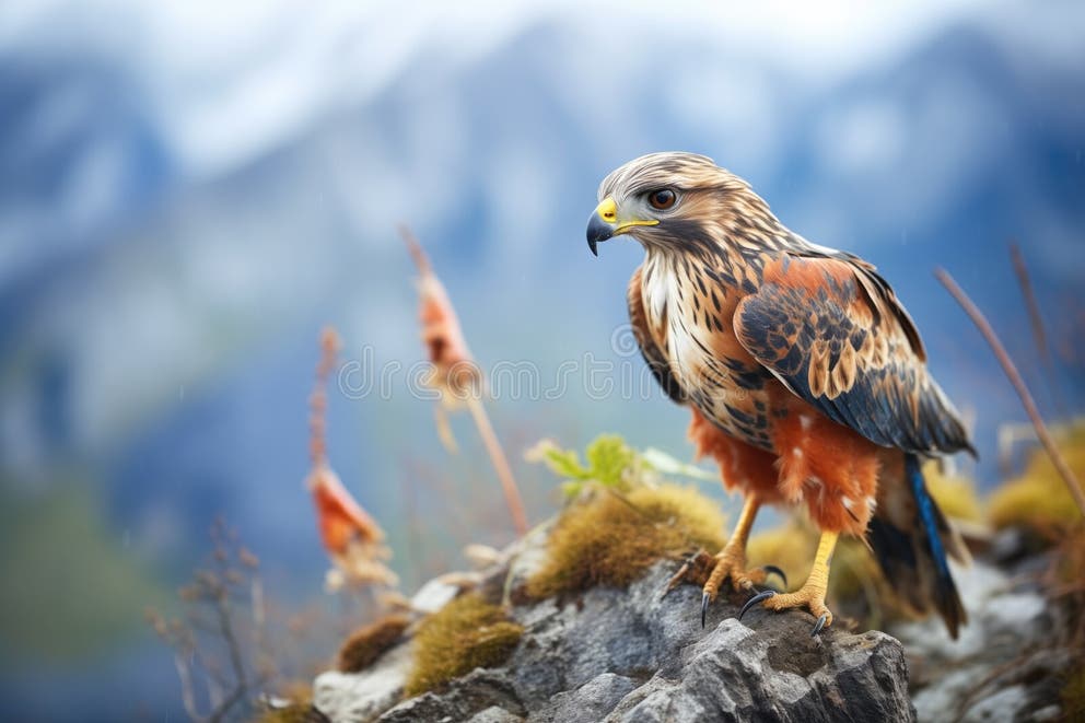 Buzzard Hawk on a Cliff Edge, Mountainous Backdrop Stock Photo - Image ...