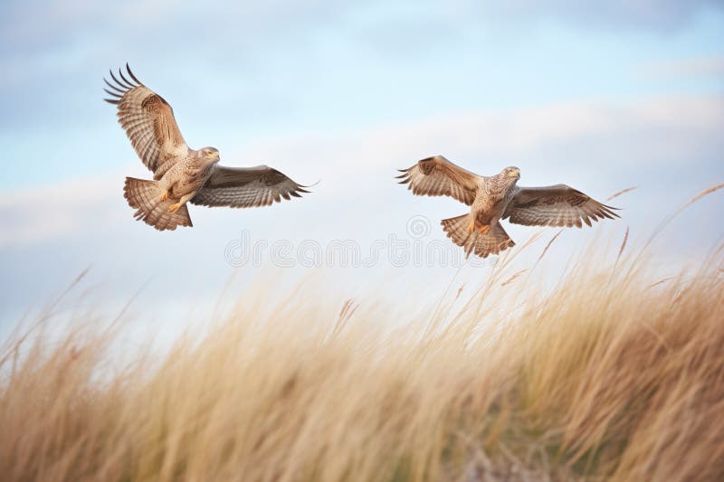 Buzzard Pair Flying in Sync Over a Grassland Stock Illustration ...