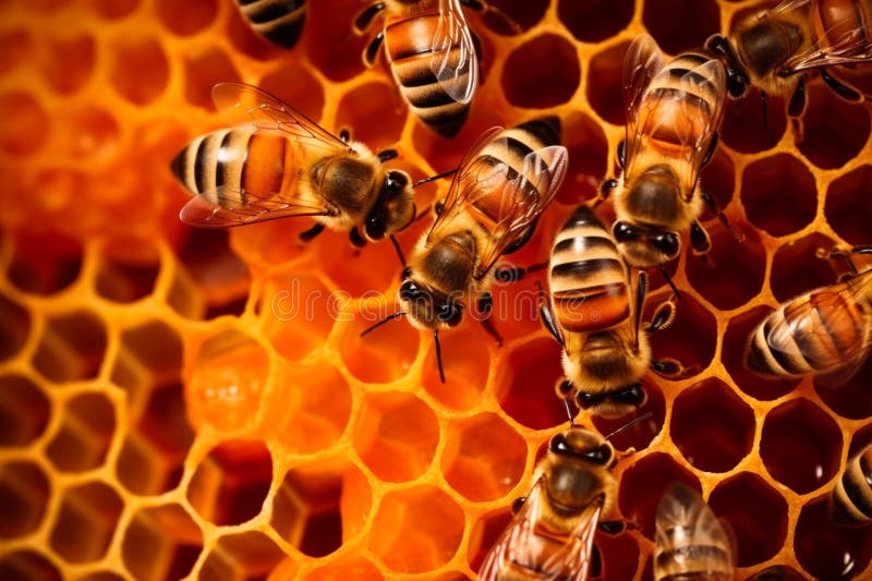 Buzzing Activity, Close Up of Working Bees on Honeycomb Cells Stock ...