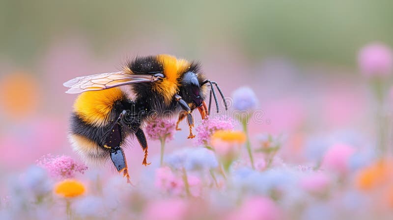 Buzzing Bee on Vibrant Wildflowers Stock Illustration - Illustration of ...