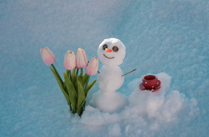 Bye Winter Hello Spring. Snowman with Coffee Cup. Snow Man with Flowers ...