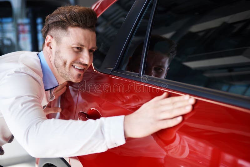 Happy Car Ownner. Handsome Young Men Leaning on His New Car at T Stock ...