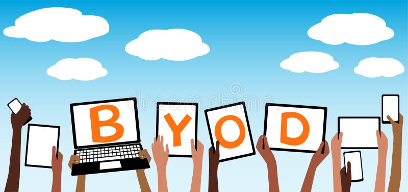 BYOD Bring Your Own Device Tablet in Hands Blue Sk Stock Vector ...